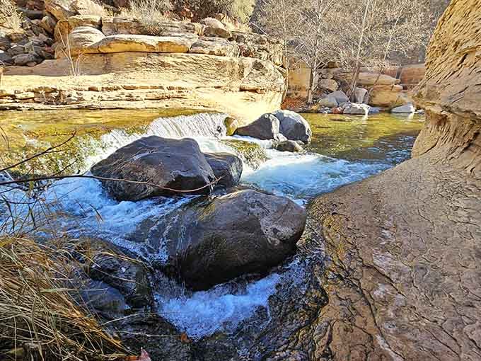 Water rushing over ancient boulders, proof that Arizona has been hiding a seriously impressive secret all along.