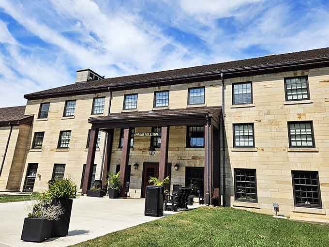 Spring Mill Inn sits solid and handsome in limestone, the rare hotel where the building itself is the attraction.
