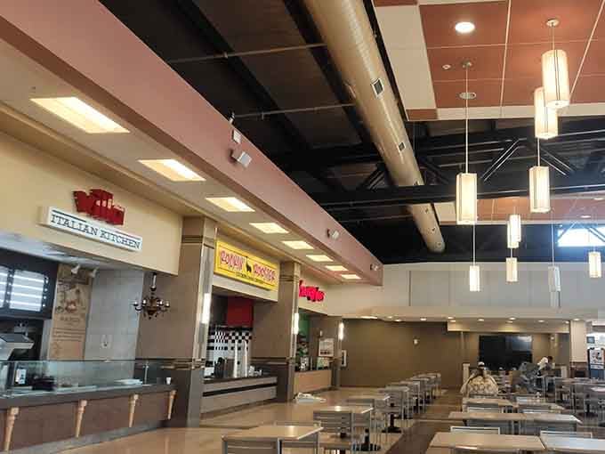 The food court offers respite for weary shoppers who've earned a proper sit-down break today.
