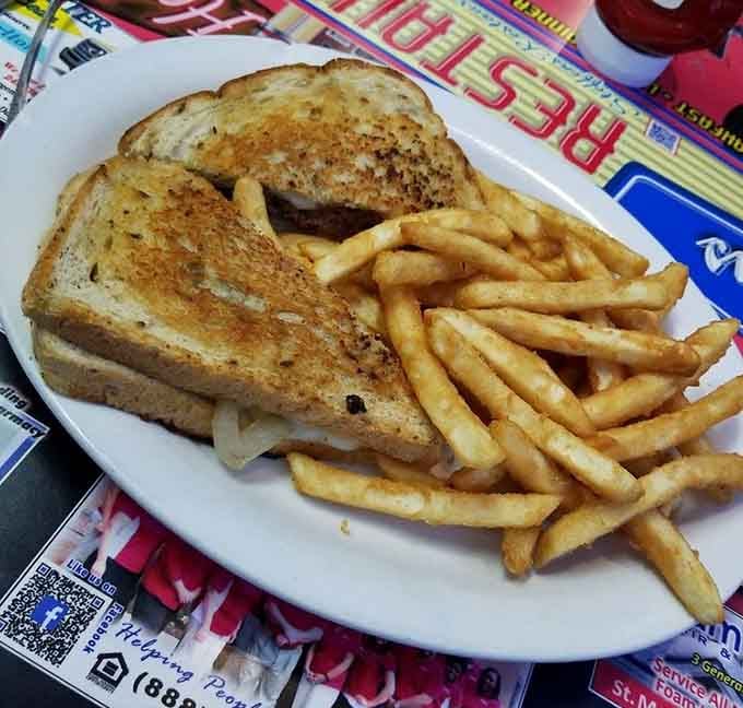 A patty melt with golden fries alongside. Simple, satisfying, and exactly what a diner sandwich should always be.
