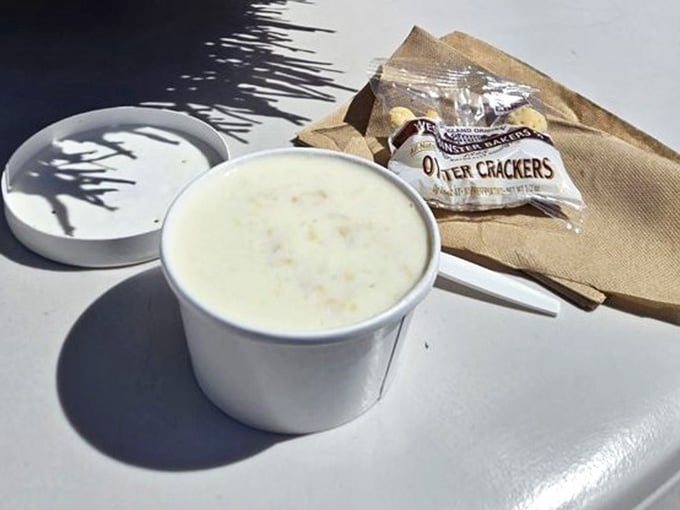 That cup of chowder glowing in the sunshine, with oyster crackers waiting patiently nearby, deserves its own portrait.