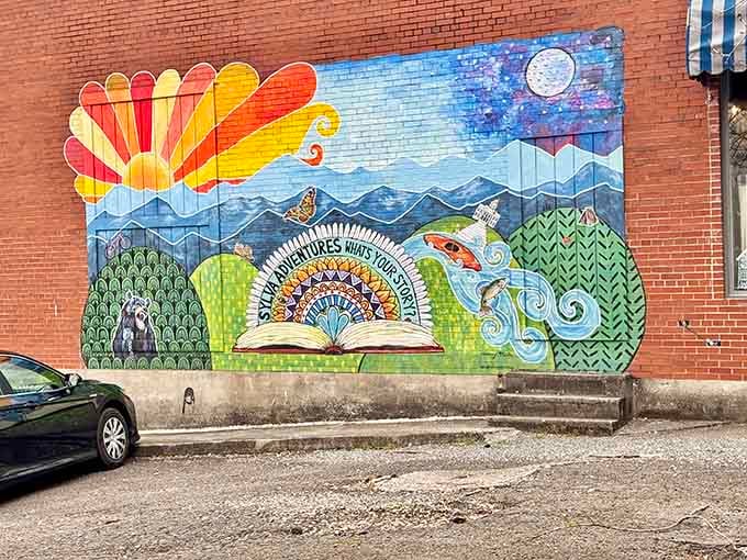 This mural celebrates the adventures waiting around every corner, because Sylva knows life's better with color and imagination.