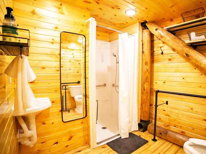A full shower, fresh towels, and wood walls everywhere. Roughing it has never looked this good.