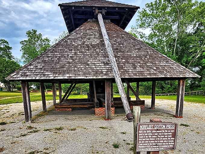 The historic cotton press stands as a reminder of Tarboro's agricultural heritage and impressive engineering skills.