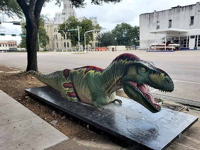Even the sidewalk outside has a dinosaur on it, because Hillsboro commits fully to the experience.