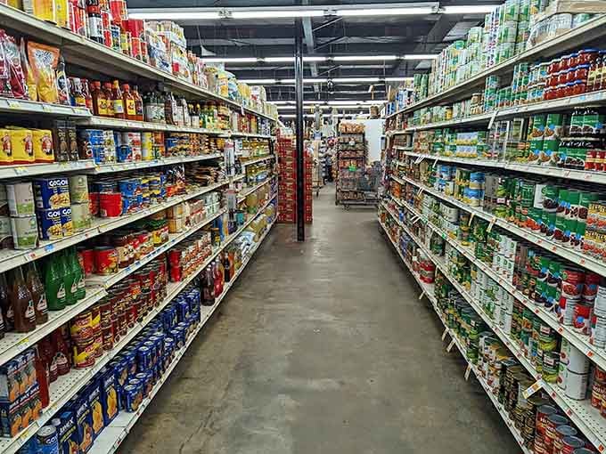Aisle after aisle of canned goods stretching into the distance. This is what "stocked up" actually looks like, folks.