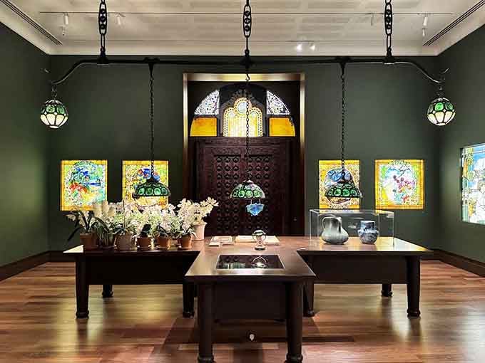 Dark wood, hanging globe lanterns, and leaded glass panels lining the walls, this gallery feels like the world's most elegant study.