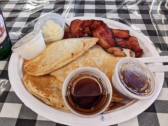 Golden pancakes and crispy bacon together create the kind of breakfast harmony that deserves its own symphony.