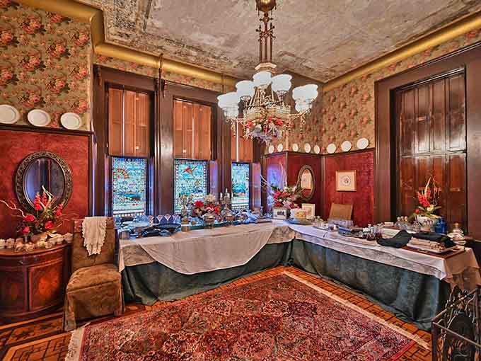 A buffet spread inside a floral-wallpapered room with stained glass windows. Even the breakfast setup looks like it belongs in a novel.