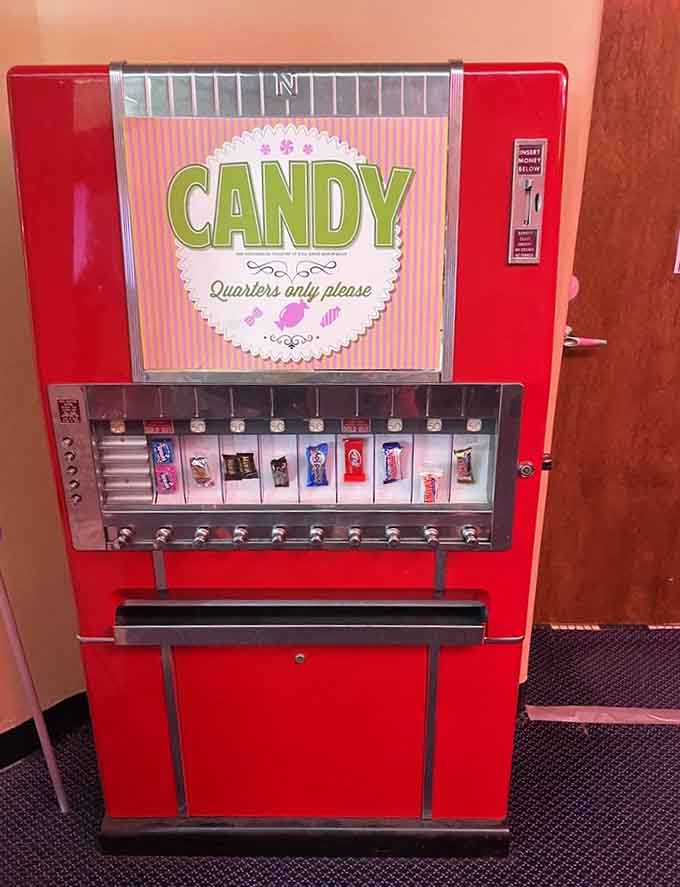 A quarters-only vintage candy machine that still works perfectly, because some things should never change.