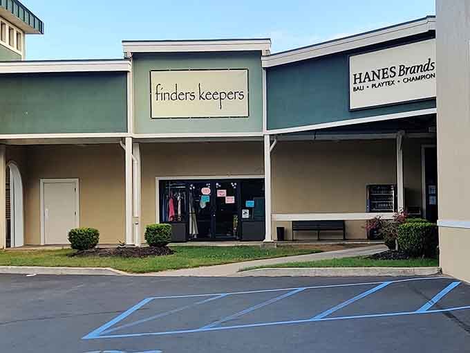 Finders Keepers and Hanes Brands side by side, proving variety is the spice of outlet mall life in the mountains.
