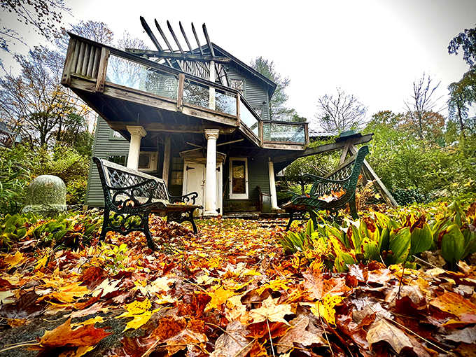 Fall leaves, iron benches, and a cabin that makes you wonder why you ever booked anything else.