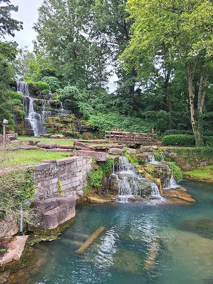 Cascading water, mossy stones, and a wooden bridge straight out of a painting you'd actually want to live inside.