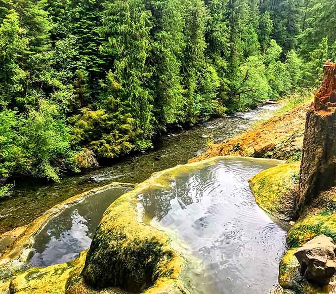 Hot spring water meets cold river below, and the view is absolutely priceless.