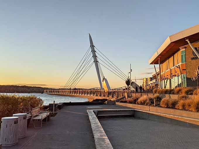 That cable-stayed pedestrian bridge at sunset is the kind of thing that makes you quietly grateful you showed up.
