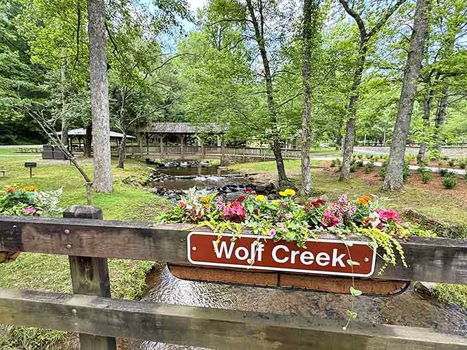 Wolf Creek flows through the park grounds like a gentle reminder to slow everything down.