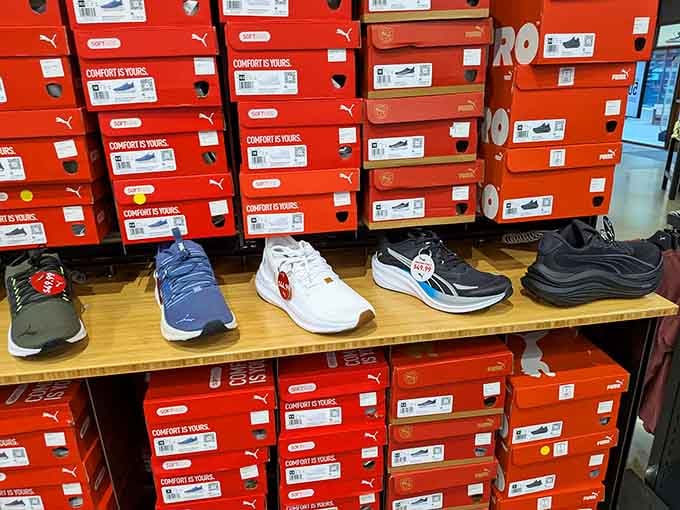 Puma sneakers displayed like trophies, reminding you that comfortable feet are the foundation of a great shopping day.