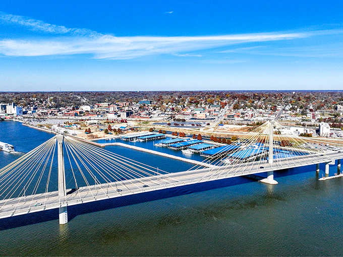 That modern cable-stayed bridge spans the Mississippi with engineering grace, connecting Alton to adventures beyond the river's edge.