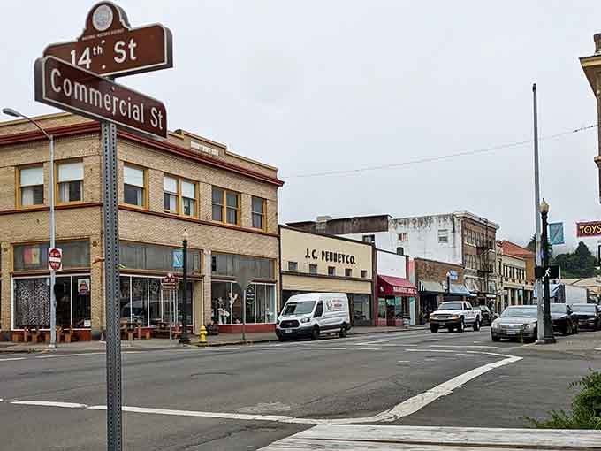 Astoria's Commercial Street corner sign marks the spot where serious eating and genuine Pacific Northwest character collide beautifully.