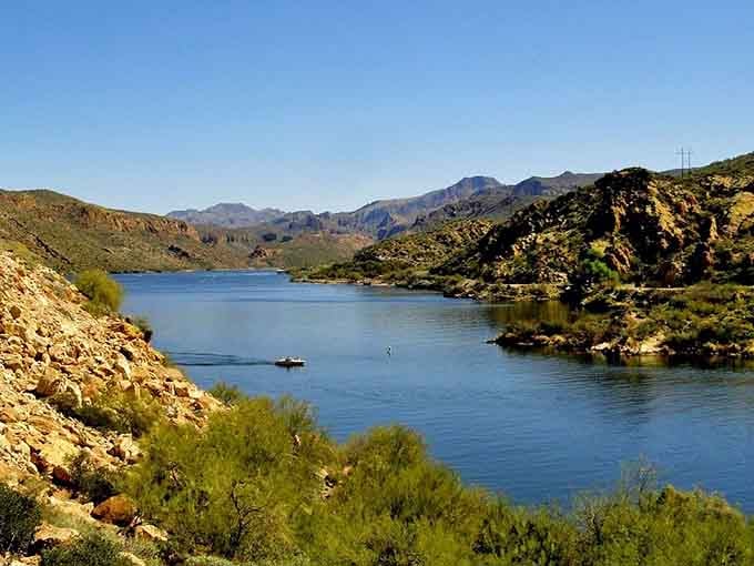 Canyon Lake's blue ribbon of water winds through volcanic rock like nature drew it with a ruler.
