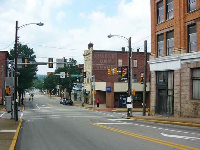 Faded ghost signs and wide empty streets give Connellsville's downtown a cinematic, lived-in quality that no set designer could fake.
