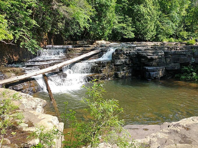 Layered rock formations create a natural swimming hole where crystal-clear water pools beneath the gentle cascade above.