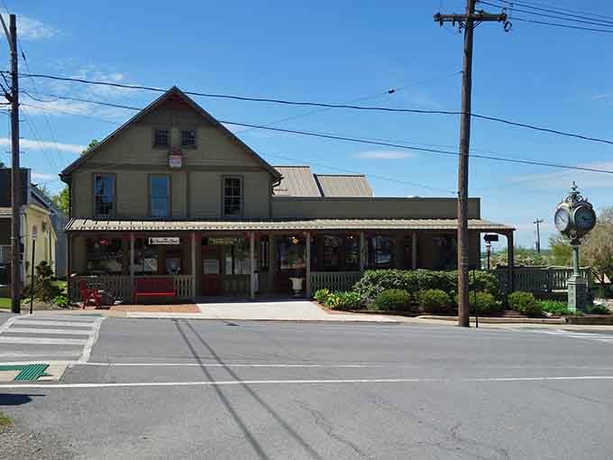 That vintage general store sits ready to welcome travelers, its weathered charm more inviting than any modern convenience store.