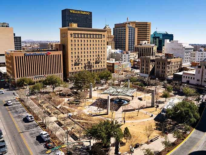Downtown El Paso spreads out below a wide blue sky, with San Jacinto Plaza anchoring it all like a proud heartbeat.