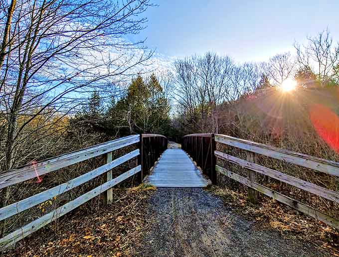 Golden sunlight bursting over this Salmon River footbridge at dusk, proof that Connecticut knows how to stick the landing.