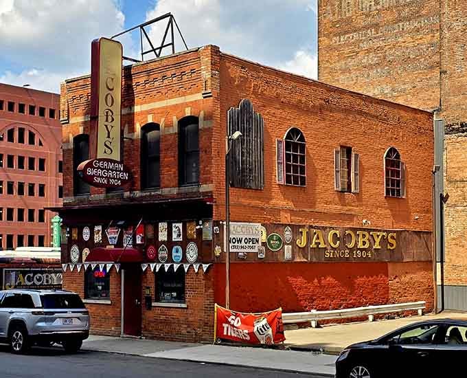 Vintage beer signs, warm brick, and a "Since 1904" painted proudly on the wall &mdash; Jacoby's earns every boast.