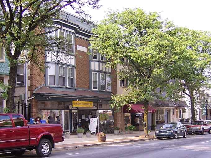Tree-lined streets create a canopy of green over shops that have welcomed visitors for generations.