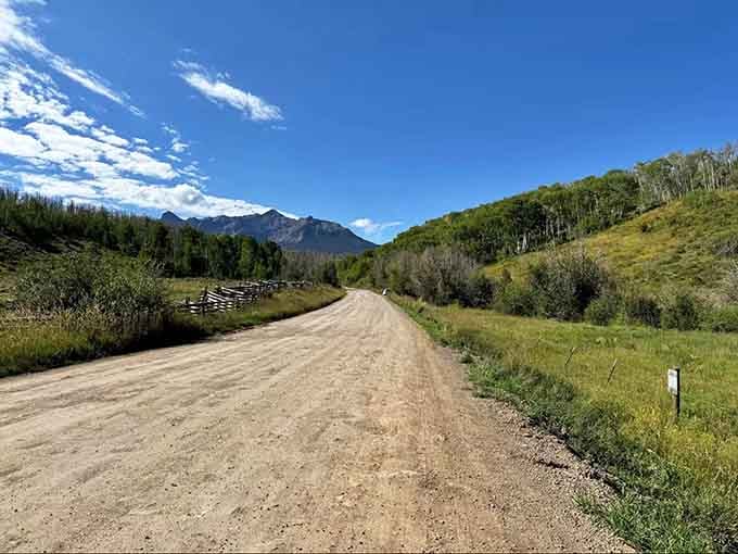 This dirt road winds through aspen groves and meadows, offering views that belong on postcards and in your memory.