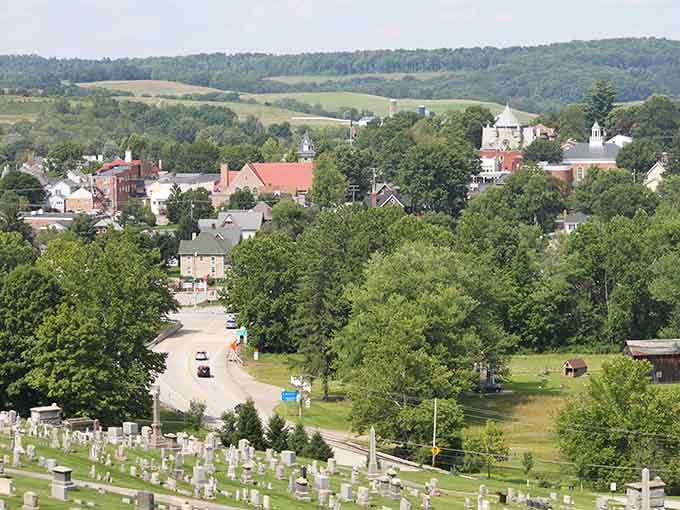 From up high, Ligonier's rooftops and church spires peek through a lush green canopy like a treasure waiting to be found.