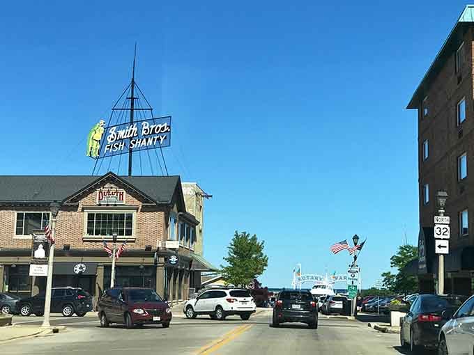 The Smith Bros. Fish Shanty sign rising above Sturgeon Bay's waterfront street is the kind of landmark that makes you smile instantly.