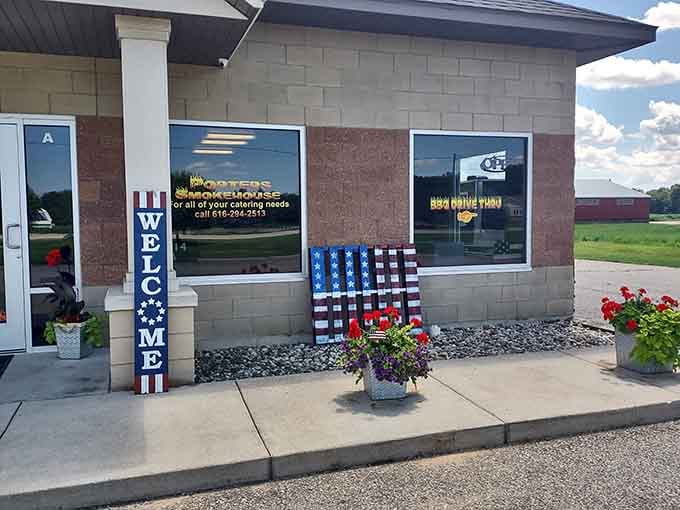 Fresh flowers and patriotic decorations show the pride this family-run smokehouse takes in welcoming every hungry guest.