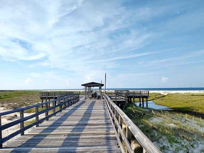 The wooden boardwalk stretches toward the horizon like a bridge to tranquility, marshland flanking both sides beautifully.