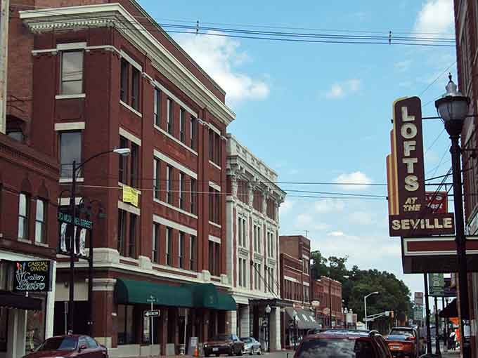 Classic brick buildings and vintage signage create the perfect backdrop for a town that takes its eating seriously.