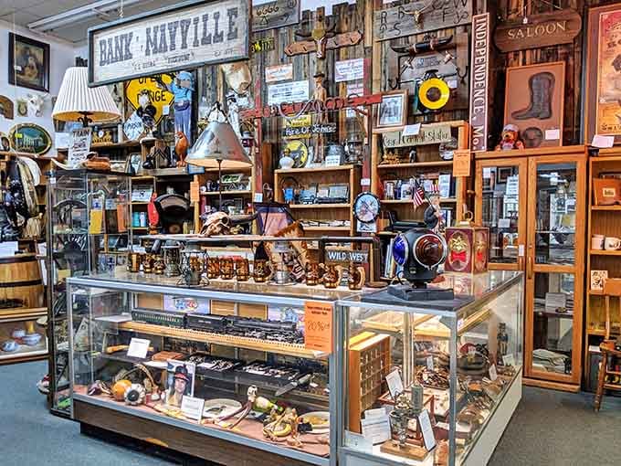 Western memorabilia and vintage collectibles pack every surface, creating a visual feast that celebrates our frontier heritage perfectly.