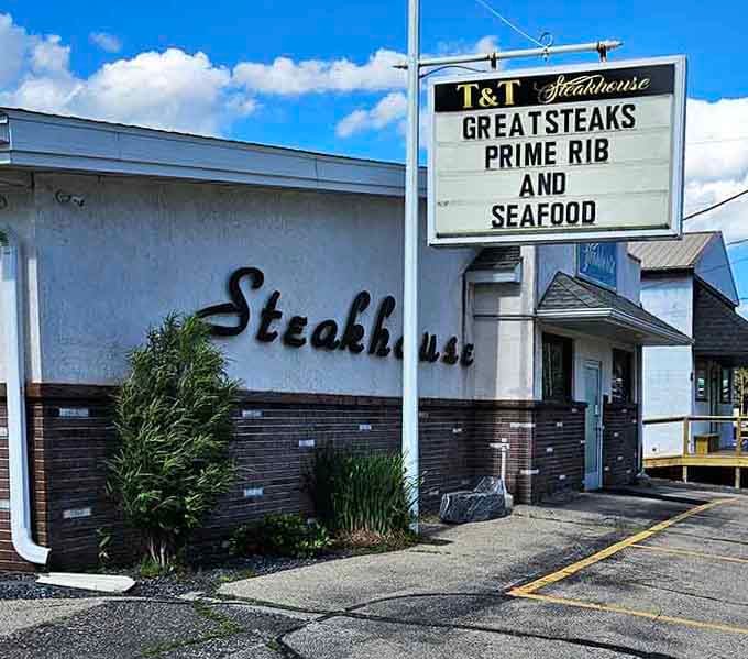 That roadside marquee advertising great steaks, prime rib, and seafood is the kind of honest, no-nonsense promise a hungry traveler can truly appreciate.