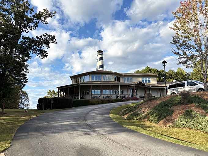 A striped lighthouse on a South Carolina lake? The Lighthouse Restaurant commits to the theme and nails it completely.
