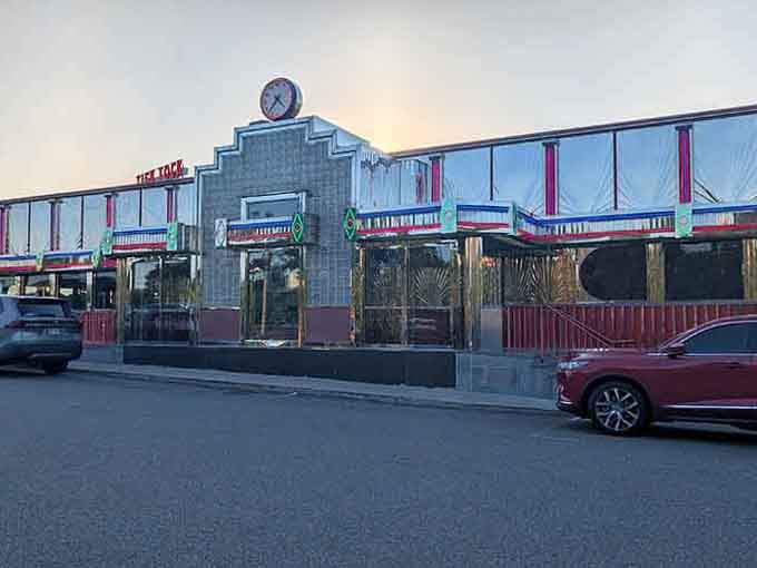 Art Deco details and dramatic evening light transform this diner into something resembling a Hollywood movie set backdrop.