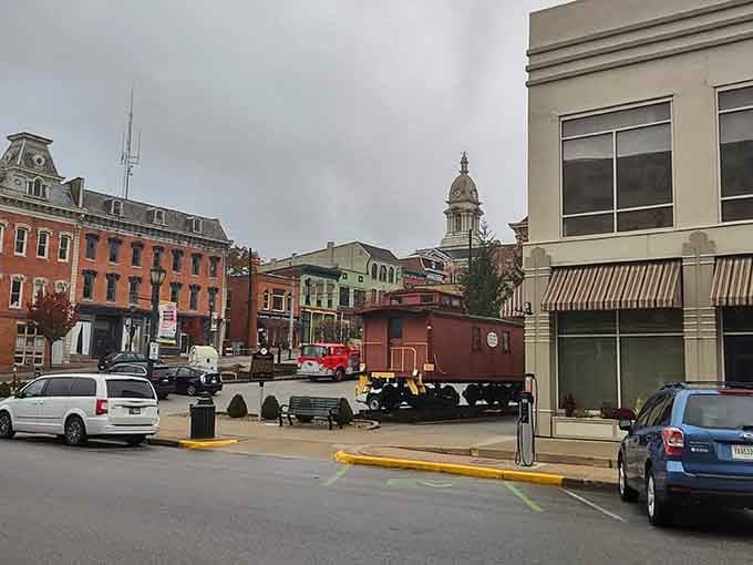 A vintage red caboose parked right in Wabash's downtown square is the kind of detail that makes you smile instantly.