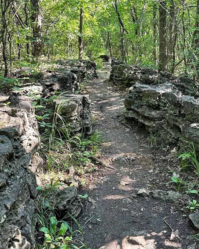 Ancient limestone walls line this narrow dirt path like nature's own hallway, daring you to keep walking.