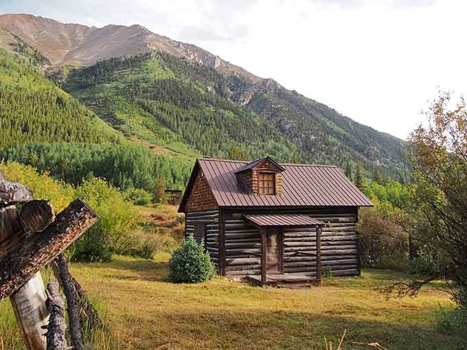 Soft morning light wraps around a dark log cabin at Winfield, the green valley glowing warmly behind its weathered walls.