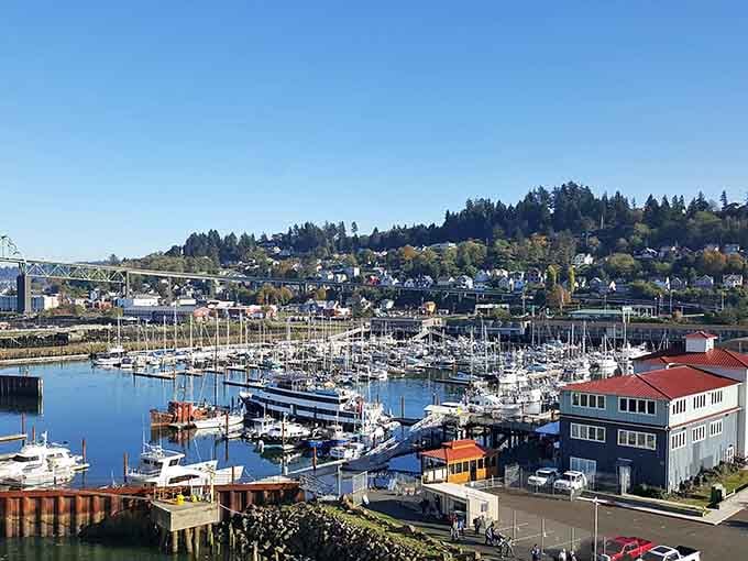 Boats packed tighter than a rush-hour subway, Astoria's harbor hums with the honest energy of a working waterfront.