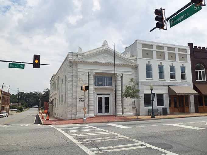 Bainbridge City Hall gleams bright white at the corner of Broad and Broughton, looking freshly polished and ready for business.