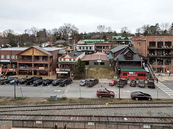 Blue Ridge's layered rooftops and packed parking lot tell you everything, this mountain town is very much open for business.