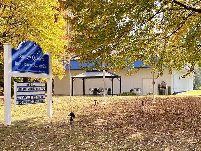 Golden autumn leaves blanket the community center grounds like nature's own welcome mat in Bowleys Quarters.