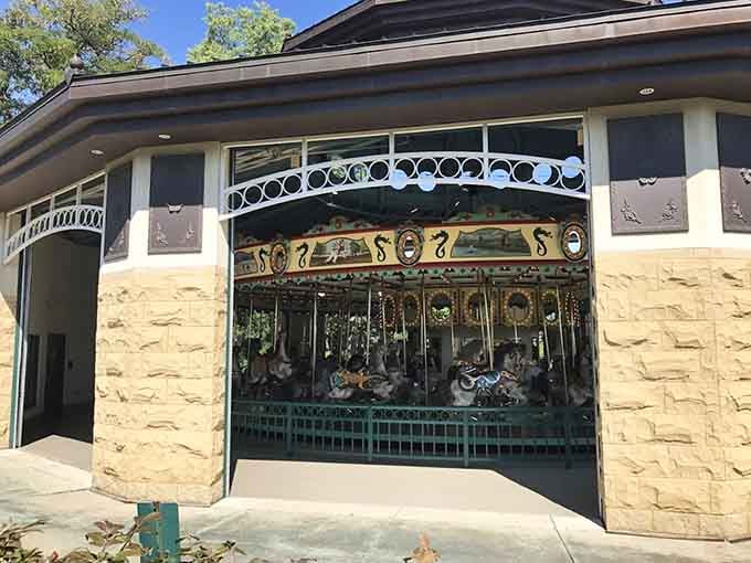 Framed by its elegant stone pavilion entrance, Cafesjian's Carousel glows with color and craftsmanship that stops passersby completely in their tracks.