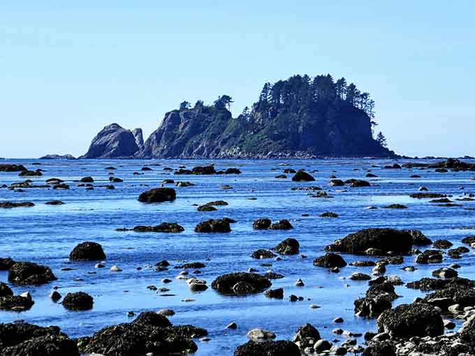 A rocky sea stack rises from the shimmering tidal flats like a crown jewel of the wild coast.